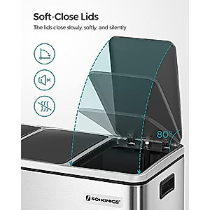 SONGMICS Trash Can, 3 x 4.8 Gallon Garbage Can, 14.4 Gallon Recycle Bin with Soft-Close Lids, Pedals, and Inner Buckets for Kitchen, Stainless Steel, Silver and Black ULTB54NL