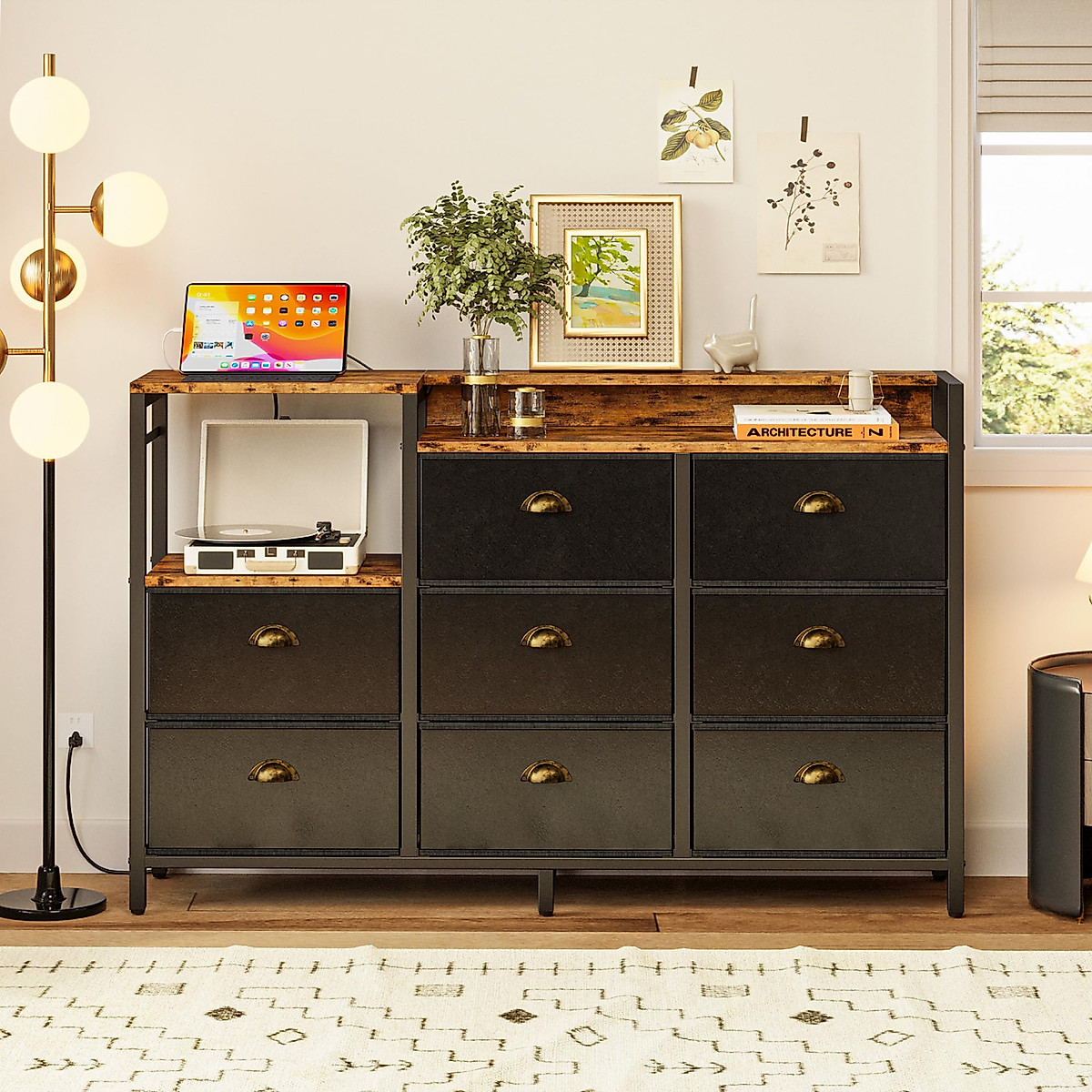 IRONCK Dresser with Power Outlets and LED Lights, 8 PU Leather Drawers Dresser with Charging Station, Wide Chests of Drawers for Closet, Bedroom, Hallway, Vintage Brown Black