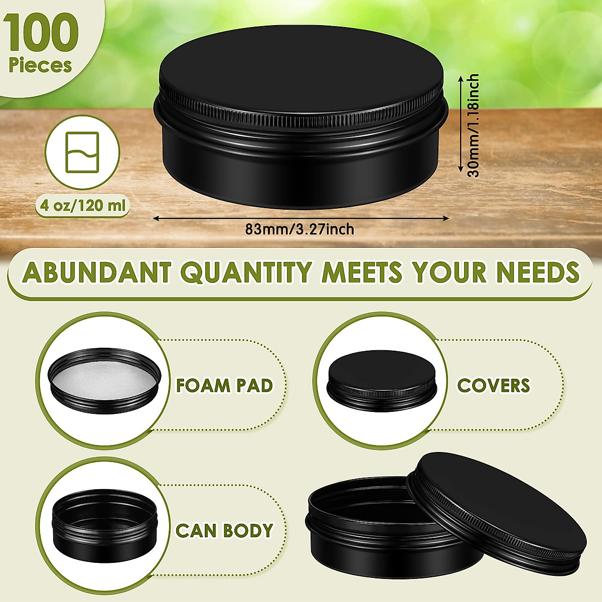 100 Pack Metal Tins 4 oz Aluminum Containers Screw Top Round Tin Cans with Lids for Cosmetic Lip Balm DIY Salves Candles Wax (Black)