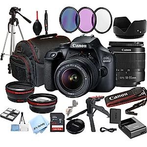 Canon EOS 4000D (Rebel T100) DSLR Camera w/EF-S 18-55mm F/3.5-5.6 Zoom Lens + 128GB Memory + Case + Tripod + Filters (28pc Bundle)