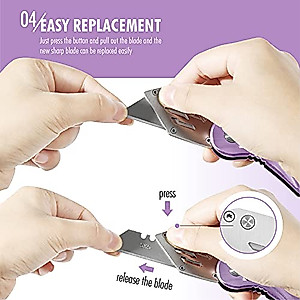 FantastiCAR Folding Box Cutter, Quick Blade Change Utility Knife, with Anti-slip Metal Body, Safety Lock, 5 Extra Blades (Purple Streamline)
