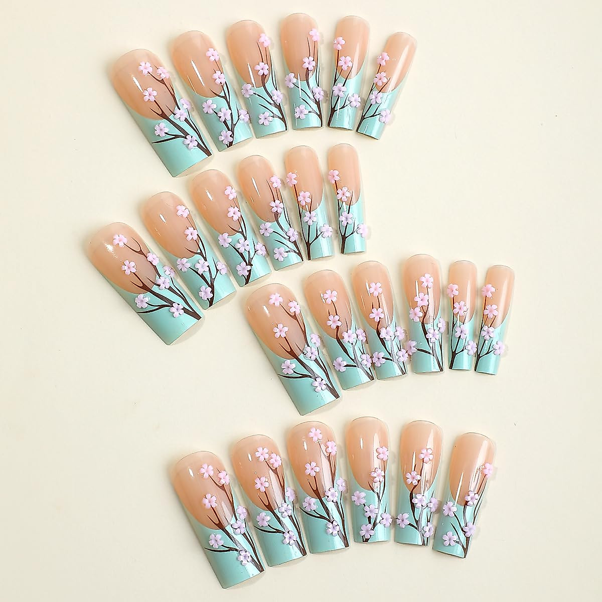 French Tip Press on Nails Coffin Green Fake Nails with Cherry Blossom or Arizona Tea Peach Blossom and Tree Branch Decoration Designs 3D Flower Gems Glossy Square Long Acrylic Nails Press on for Women