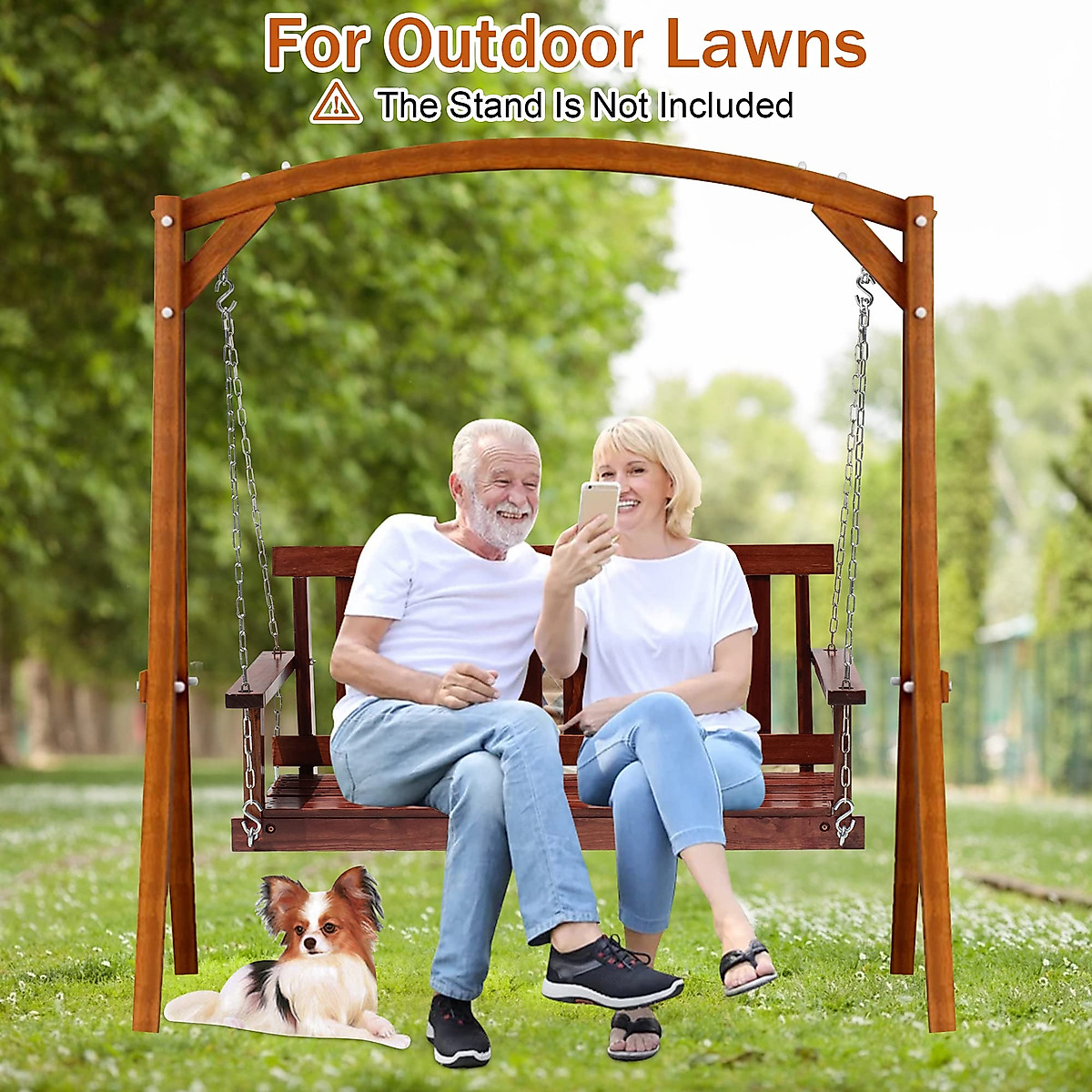 48 inch Wooden Porch Swings Heavy Duty Outdoor Bench Swing for Adults Durable Solid Wood Two Person Seating Patio Hanging Swing with Adjustable Hanging Chains & Fixing Screw, 800 LBS Weight Capacity