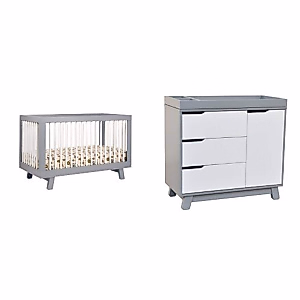 babyletto Hudson 3-in-1 Convertible Crib with Toddler Rail, Grey/White and Hudson Changer Dresser, Grey/White