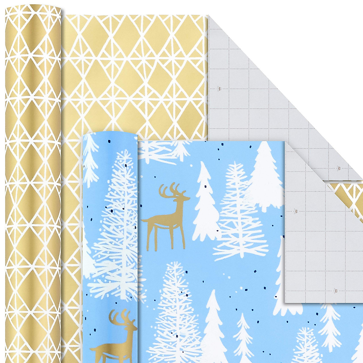 Hallmark Holiday Wrapping Paper Bundle with Cut Lines on Reverse, Quirky Christmas (Pack of 4, 120 sq. ft. ttl) Yeti, Santa, Penguin, Snowflakes, Blue, Gold