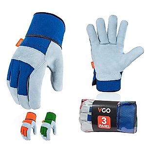 Vgo... Leather Palm Work Gloves for Men, Gardening Gloves, Builder Gloves (3 Pairs,Size XL, 3colors, CB3501)