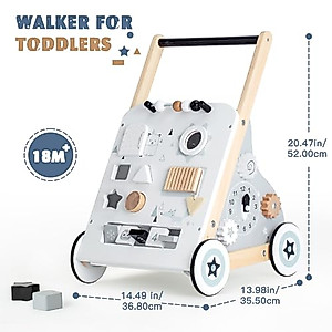 Wooden Baby Walker, Toddler Push and Pull Learning Activity Walker for Boys and Girls, Montessori Toys for 1+ Year Old, Kids Multi-Activity Learning Walker with Wheels