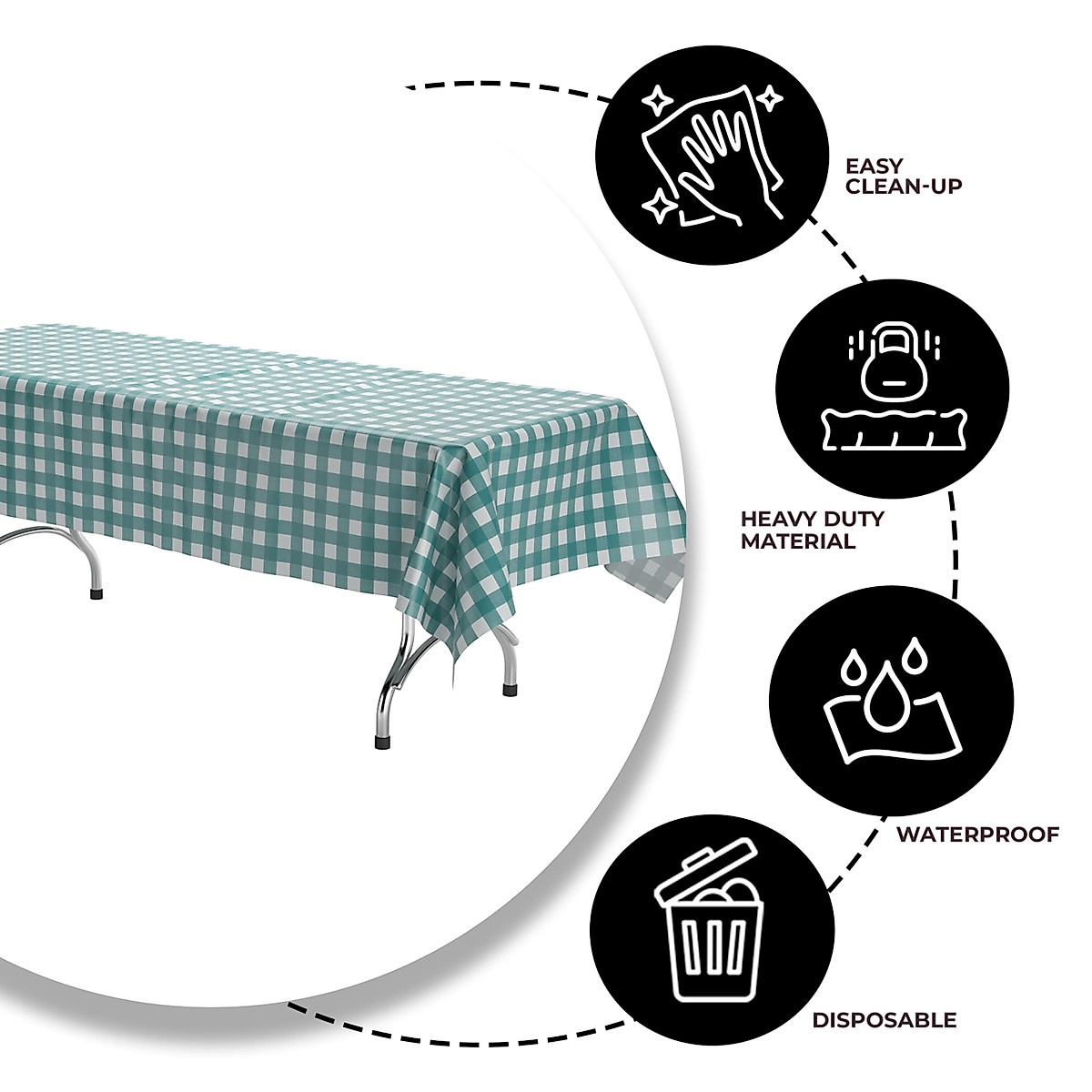 Exquisite Picnic Table Cover - 12 Pack Premium Rectangle Plastic Tablecloth - Teal & White Checkered BBQ Plastic Table Cover - Gingham Checkerboard Disposable Plastic Tablecloth 54" x 108" Rectangle