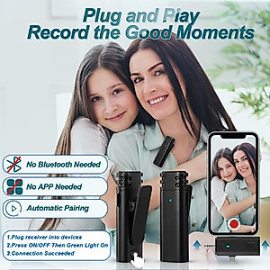 Biupky 3 in 1 Wireless Clip Mic, Wireless Lavalier Microphones, Lapel Clip-on Microphone, Plug-Play Wireless Microphones, for Android iPhone iPad Camera Video Recording TikTok Facebook YouTube Live
