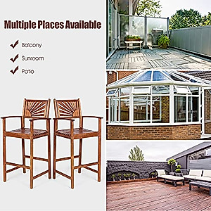 COSTWAY Bar Stools Set of 2, Outdoor Acacia Wood Bar Chairs with Sunflower Backrest, Curved Armrests & Breathable Seat, Ideal for Balcony, Sunroom, Patio, Easy Assembly (1)