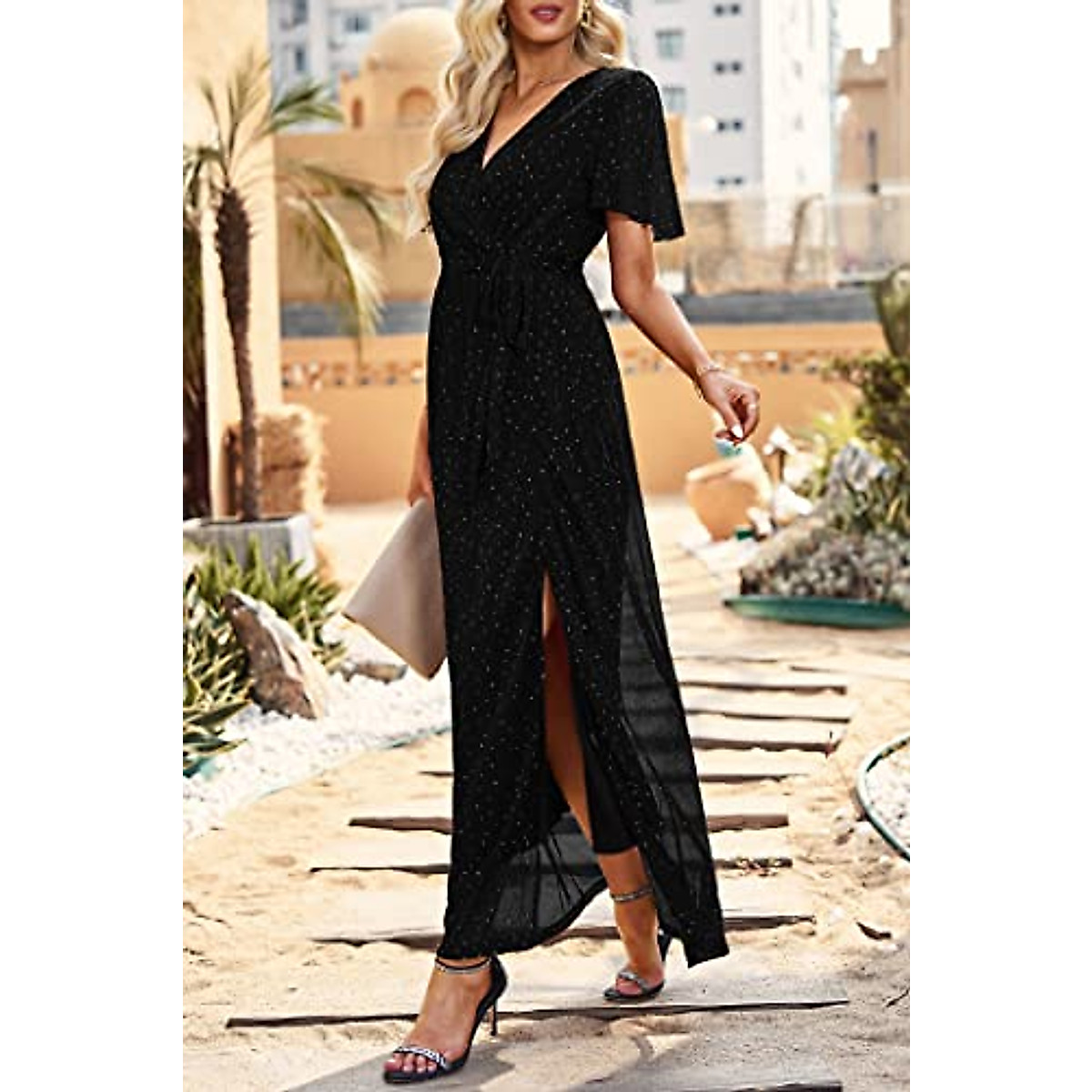 PRETTYGARDEN Women's Summer Maxi Glitter Dress Wrap V Neck Ruffle Sleeve Cocktail Party Long Dresses with Slit (Black,Small)