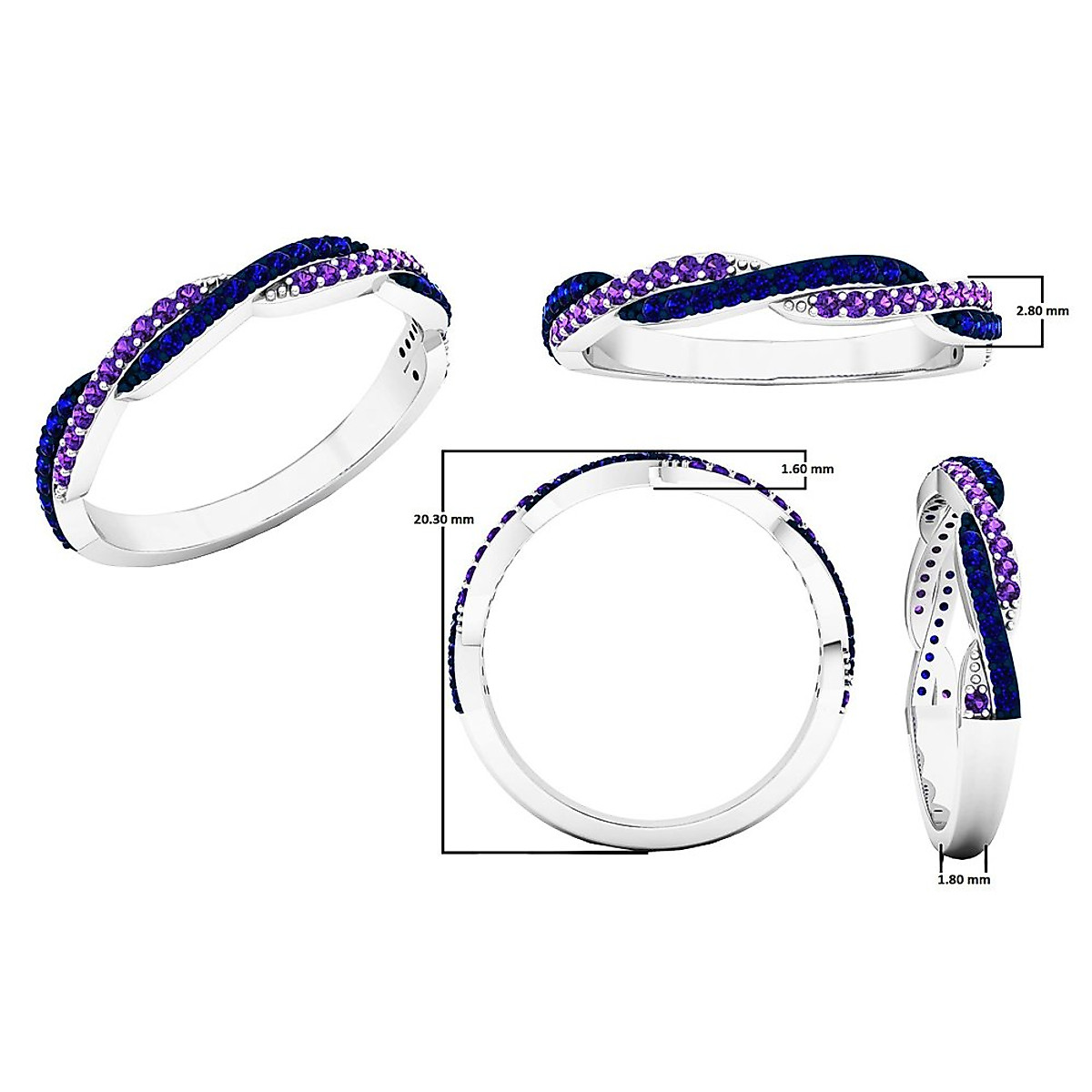 Dazzlingrock Collection 10K Round Amethyst & Blue Sapphire Ladies Wedding Swirl Stackable Band, White Gold, Size 6