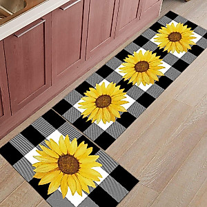 T&H XHome Kitchen Rugs Set 2 Pieces,Farm Sunflower Buffalo Plaid Black and White Non-Skid Dots Rubber Backing Kitchen Cushioned Mats Doormats