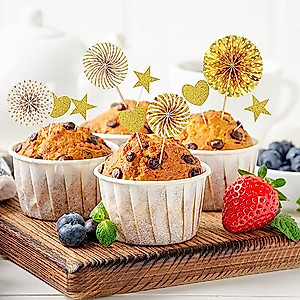 FRIUSATE 30 PCS Birthday Candles Set Gold Confetti Cake Topper Decoration with Happy Birthday Candles Sign Paper Fans Balloon Glitter Star Cupcake Topper for Gold Theme Party Decor