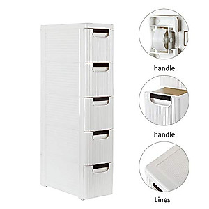 Dresser Storage Drawer Units Narrow Rolling Storage Cabinet Plastic Drawer Storage Cart on Wheels,Standing Shelf Units for Bathroom Bedroom Office Kitchen Living Room (White-5-Tire with Wheels)