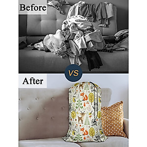 Swono Woodland Animals Laundry Bag with Strap Machine Washable Large Dirty Clothes Organizer Trees Mushrooms Berries Rabbit Owl Easy Fit Laundry Hamper or Basket, Carry Up to 4 Loads of Laundry