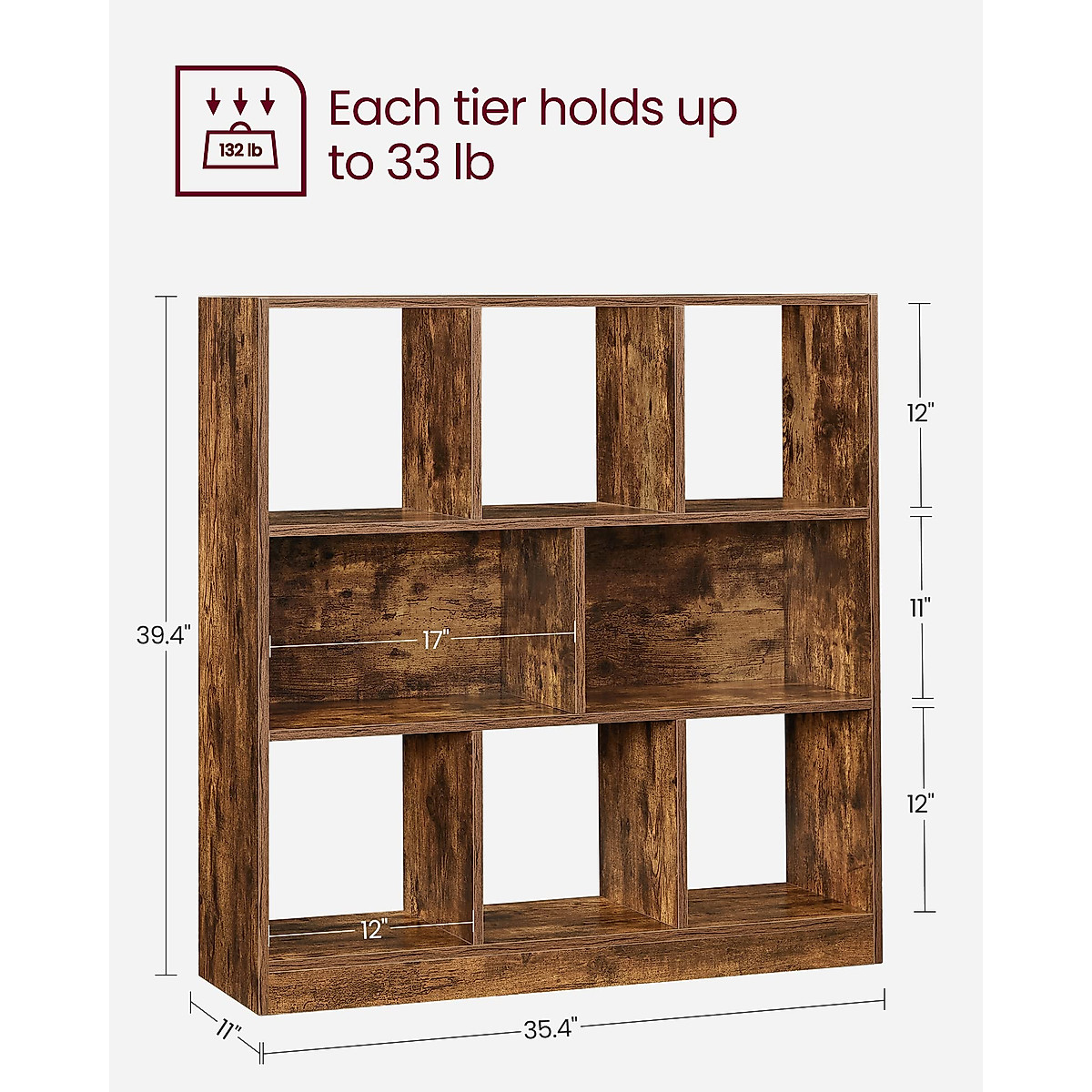 VASAGLE Bookcase, Bookshelf, Freestanding Storage Unit, 8 Open Compartments, Used Horizontally, Vertically, Upside Down, 11 x 35.4 x 39.4 Inches, for Living Room, Study, Office, Rustic Brown ULBC55BX