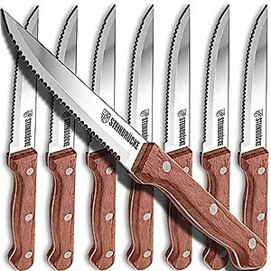 Elemake Steak Knife Set - Steak Knife with Wooden Handle, Knives Set for Kitchen, Serrated Steak Knives Set of 8, Classic Full Tang Design, 5Cr15Mov Stainless Steel Blade