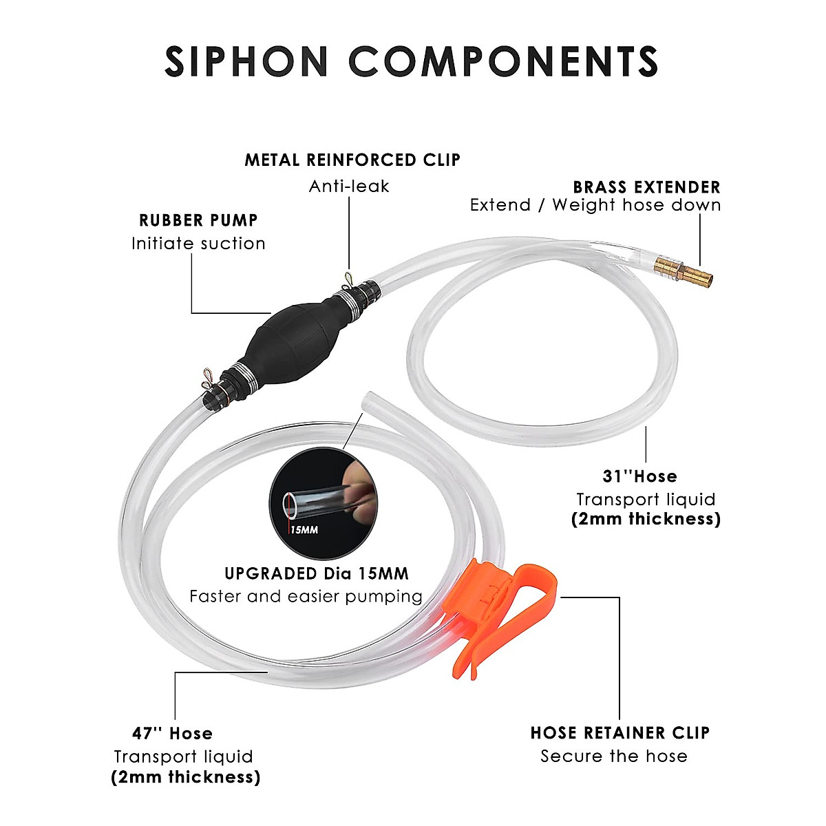 KATUMO Siphon Pump, Upgraded 15MM Enlarged Caliber Siphon Fuel Hand Pump for Gasoline, Oil, Diesel & Water with Hoses, Pinch Clips, Hose Retainer, Brass Extender
