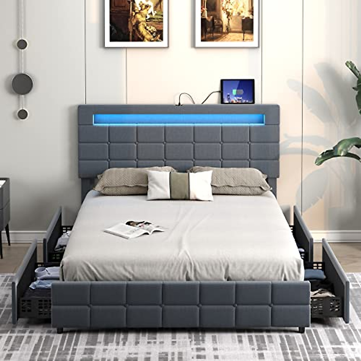 Giantex Queen Bed Frame with LED Lights and 4 Drawers, Upholstered Platform Bed Frame with USB Ports, Tufted Adjustable Headboard Design, Solid Wooden Slat Support, No Box Spring Needed