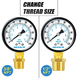 MEANLIN MEASURE 0-100Psi 2" DIAL FACE 1/4" NPT Well Pump Pressure Gauge, with 1/4" x 1/2" NPT and 1/4" x 3/8" NPT Hex Bushing, 3-2-3% Accuracy,Lower Mount