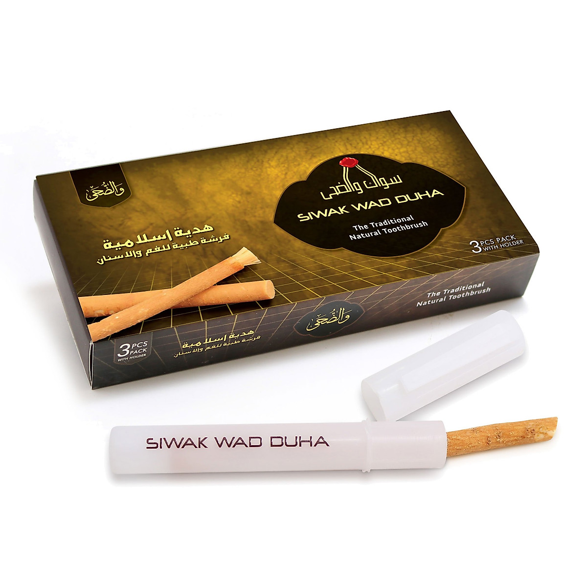 MISWAK Tooth Stick 100% Natural Teeth Whitener- Lightweight Wood Brush for Healthy Gums & Teeth (Pack of 3 Sticks with Holder)