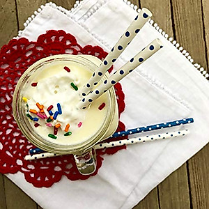 Navy Blue Silver and White Paper Straws - Polka Dot - 7.75 Inches - Pack of 100- Outside the Box Papers Brand