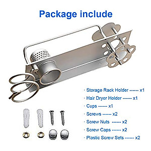 Hair Dryer Holder Wall Mount, Towel Toothbrush Toothpaste Perfume Comb Blow Dryer Holder Organizer Storage Hanging Shelf Rack Stand, Bathroom Organizer with Towel Holder, Upgrade Space Aluminum