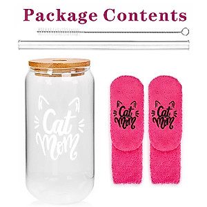 Gift for Cat Lover Women, Glass and Sock for Cat Mom, Cat Mom Socks, Cat Mom Gifts for Women, Cat Lover Gift, Can Shaped Glass Cups, 20oz Drinking Glasses with Bamboo Lid and Glass Straw