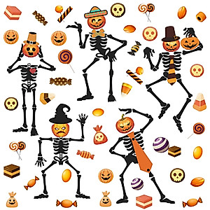 Halloween Skeleton Wall Decal Halloween Wall Stickers Pumpkin Candy Wall Decals Vinyl Halloween Window Clings Peel and Stick for Kids Room Window Halloween Party Decor