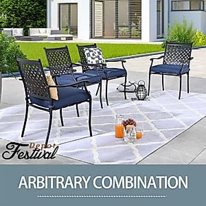 Festival Depot 4 Piece Outdoor Patio Furniture Outdoor Wrought Iron Dining Chairs Set for Porch Lawn Garden Balcony Pool Backyard with Arms and Cushions (4Pcs) (Blue)