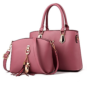 Chikencall Women Top-Handle Purses Leather 2pcs Set Totes Handbag Satchel Shoulder Bag for Ladies with tassel and cat pendant