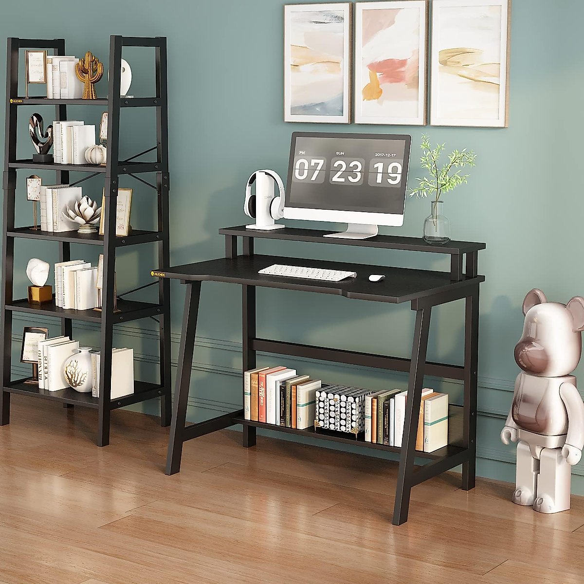 YQ JENMW 31.5 Inch Small Desk, Small Computer Desk for Small Spaces, Modern Writing Table with Monitor Storage Shelf, Compact Laptop Desk for Home Office and Study, Black