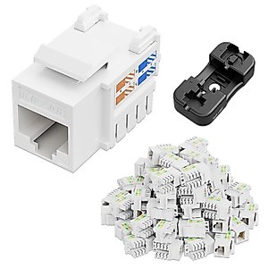 iwillink 10Gbps Cat6 Keystone Jack and Punch-Down Stand, 50-Pack, RJ45 Ethernet Keystone Jacks, 90-Degree UTP Modular Punch Down Keystone Jack Adapter, White