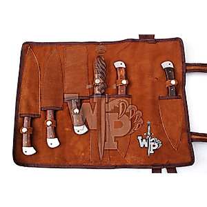 World Points 1027 Rose Wood Damascus Kitchen Knife Set Professional 6 Piece, Handmade Damascus Steel Chef Knife Set with Chopper/Cleaver And 6 Pocket Original Leather Roll Bag, WP-1027