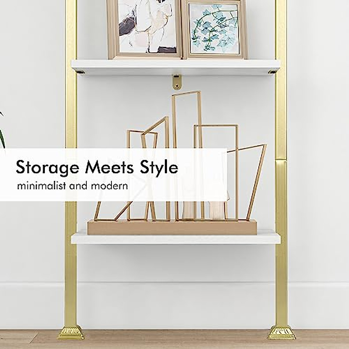 Axeman 5-Tier Ladder Bookcase, Tall Narrow Bookshelf for Small Spaces, Modern Book Storage Organizer Case Open Shelves for Bedroom, Living Room, Office, Library, Gold Metal Frame and White Shelf