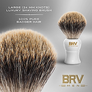 BRV MEN Pure Badger Shaving Brush LARGE (24mm knots) - Heavy Resin Handle - Use with Double-Edge Safety Razor, Straight Razor and Shaving Bowl - White