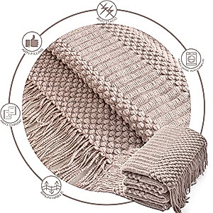 lifein Tan Throw Blanket for Couch-Soft Knitted Farmhouse Boho Throws,Cozy Knit Small Lightweight Blankets&Throws with Tassels for Bed,Chair,Sofa,Room,Home Decor,Spring (Light Khaki/Tan,50 * 60in)