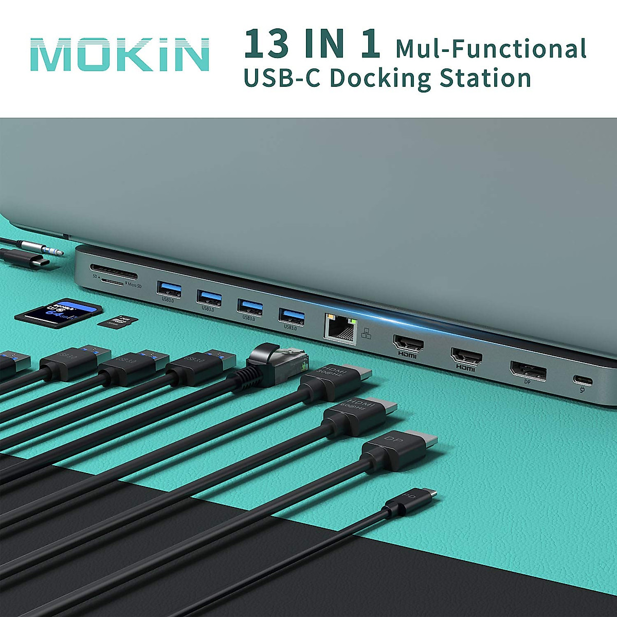 Docking Station USB C, 13-in-1 USB C Hub Multiport Adapter USB C Dongle with 4K Dual HDMI+DP Display+Ethernet+4 USB,+SD/TF+USB C PD+Data Port+Audio/Mic for Dell XPS 13/15/Surface Pro 7 Go