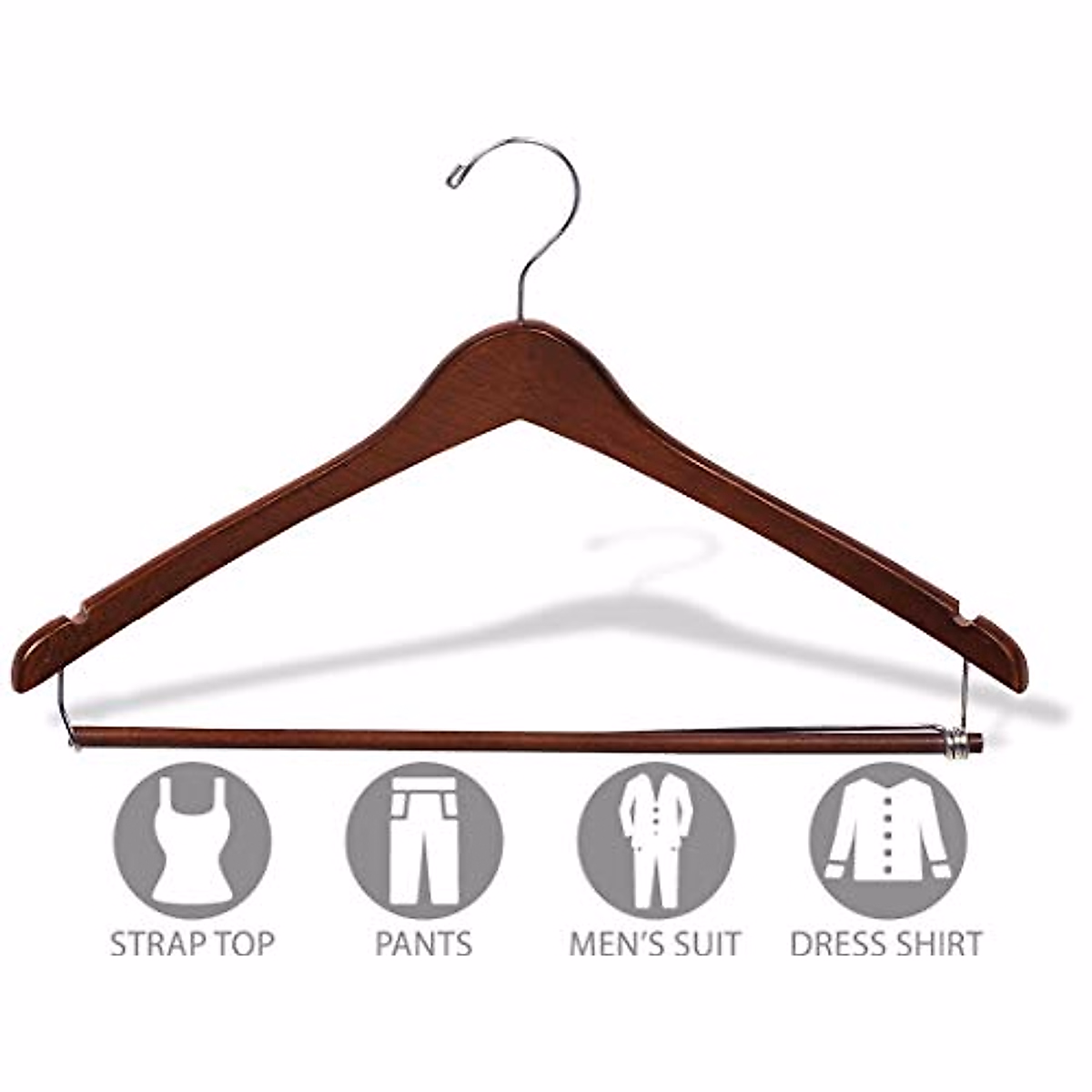 The Great American Hanger Company Curved Wood Suit Hanger w/Locking Bar, Box of 25 17 Inch Hangers w/Walnut Finish & Chrome Swivel Hook & Notches for Shirt Dress or Pants