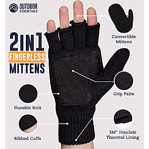 OutdoorEssentials Fingerless Winter Gloves Convertible Mittens for Men & Women - Warm Knit Flip Top Wool Mitten Gloves