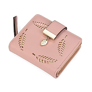 VODIU Women's Short Purse Leather Medium Wallet Leaf Bifold Card Coin Holder Small Purses Buckle Zipper Clutch