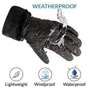 accsa Women Winter Ski Glove Waterproof 3M Thinsulate Warm Windproof Black with Black Fur