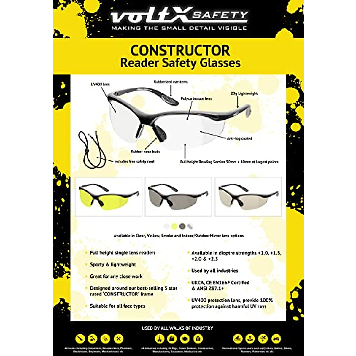 voltX 'Constructor' SAFETY READERS (CLEAR +1.5 Dioptre) Full Lens Reading Safety Glasses ANSI Z87.1+ & CE EN166F, Wraparound Style - Includes Safety Cord with headstop - UV400 anti fog coated lens