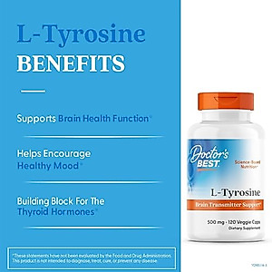 Doctors Best L-Tyrosine, 500 mg, Brain Transmitter Support, Non-GMO, Gluten Free 120 Veggie Caps