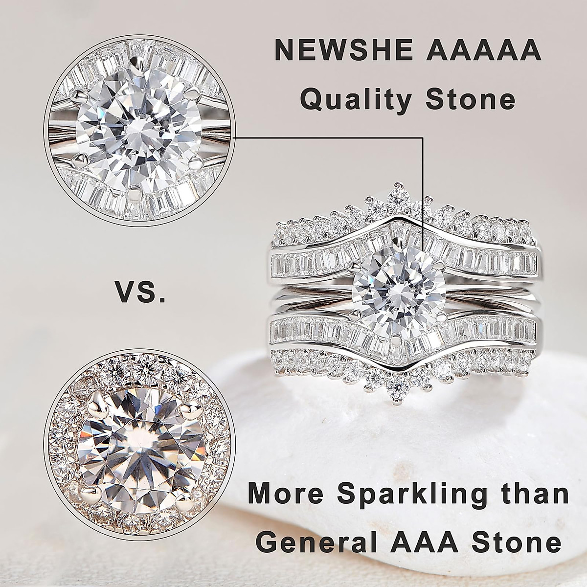 Newshe Jewellery Wedding Rings for Women AAAAA Cubic Zirconia Engagement Ring Enhancer 925 Sterling Silver Round 3Ct Size 7