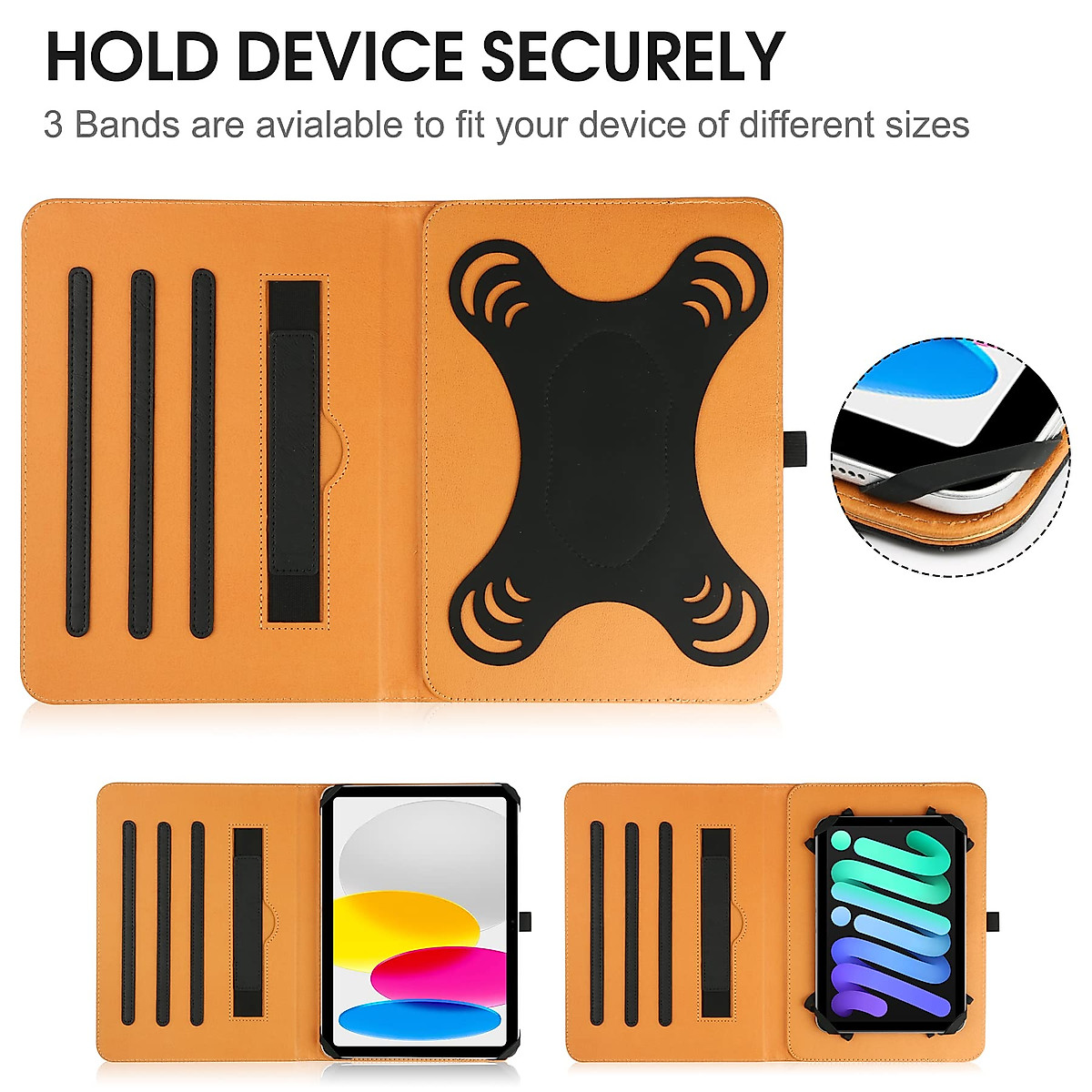 FANRTE Universal Case for 9-10.9" Tablet, with Flexible Hand Strap & Pocket, Adjustable Fixing Silicon Band and Pen Holder, Black