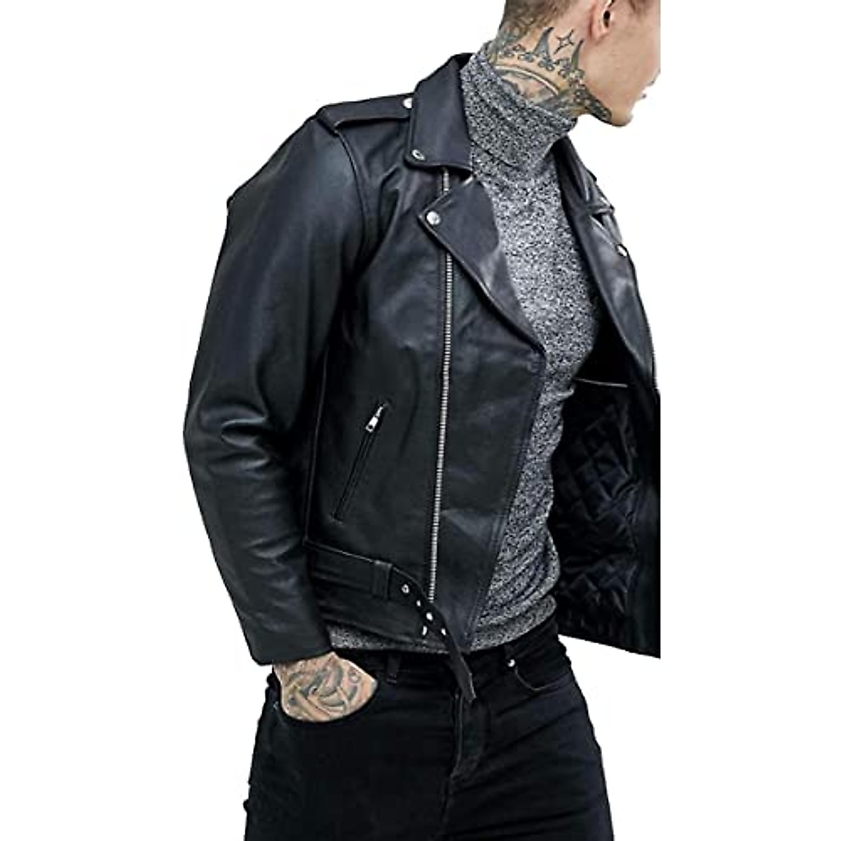 Lishow Fashion Men's Biker Rider Motorcycle Motorbike Rocker Retro Genuine Cowhide Leather jacket By Reclaimed Vintage (US, Alpha, Small, Regular, Regular, Black)