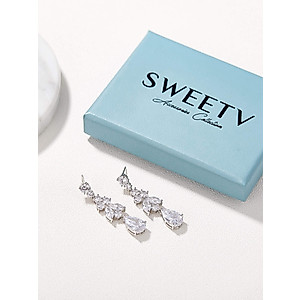 SWEETV Teardrop Wedding Bridal Earrings for Brides, Bridesmaids, Silver Crystal Cubic Zirconia Dangle Drop Earrings for Women Prom Gifts