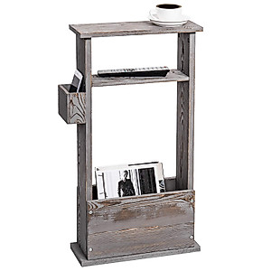 MyGift Narrow Side Table, Slim End Sofa Table in Vintage Gray Wood with Storage Shelf, Magazine and Remote Holder